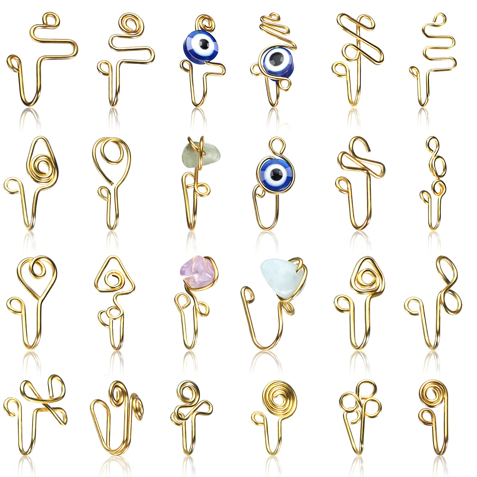 Jadive 24 Pieces African Nose Cuff Stainless Steel Nose Cuff Non Piercing Fake Nose Ring Evil Eye Clip on Nose Ring for Women Men (Gold)
