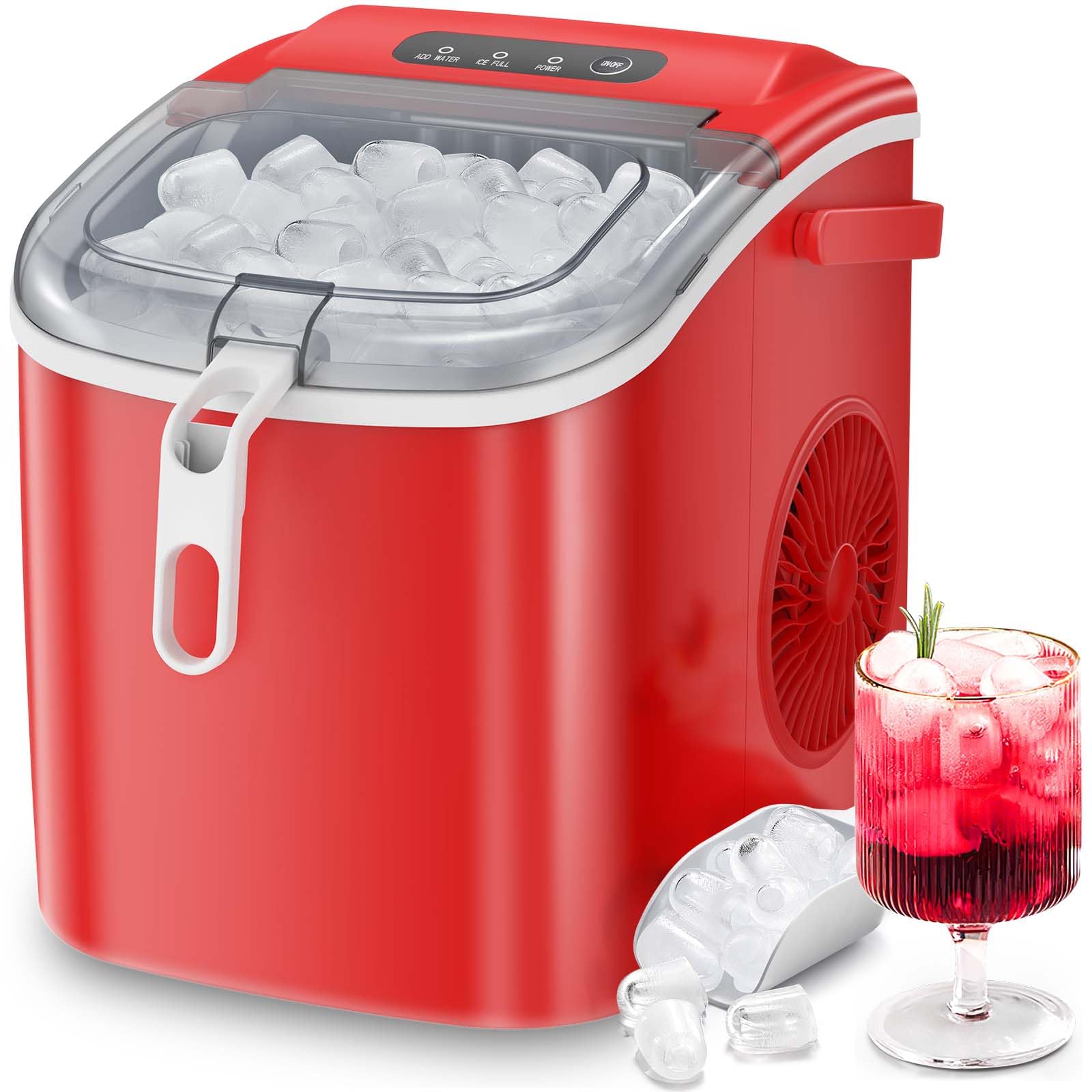 ZAFRO Ice Makers Countertop, Portable Ice Machine with Handles, Self-Cleaning Ice Makers with Basket and Scoop, 9 Cubes in 6 Mins, 26 lbs Per Day, Suitable for Your Kitchen, Office, Party (Red)