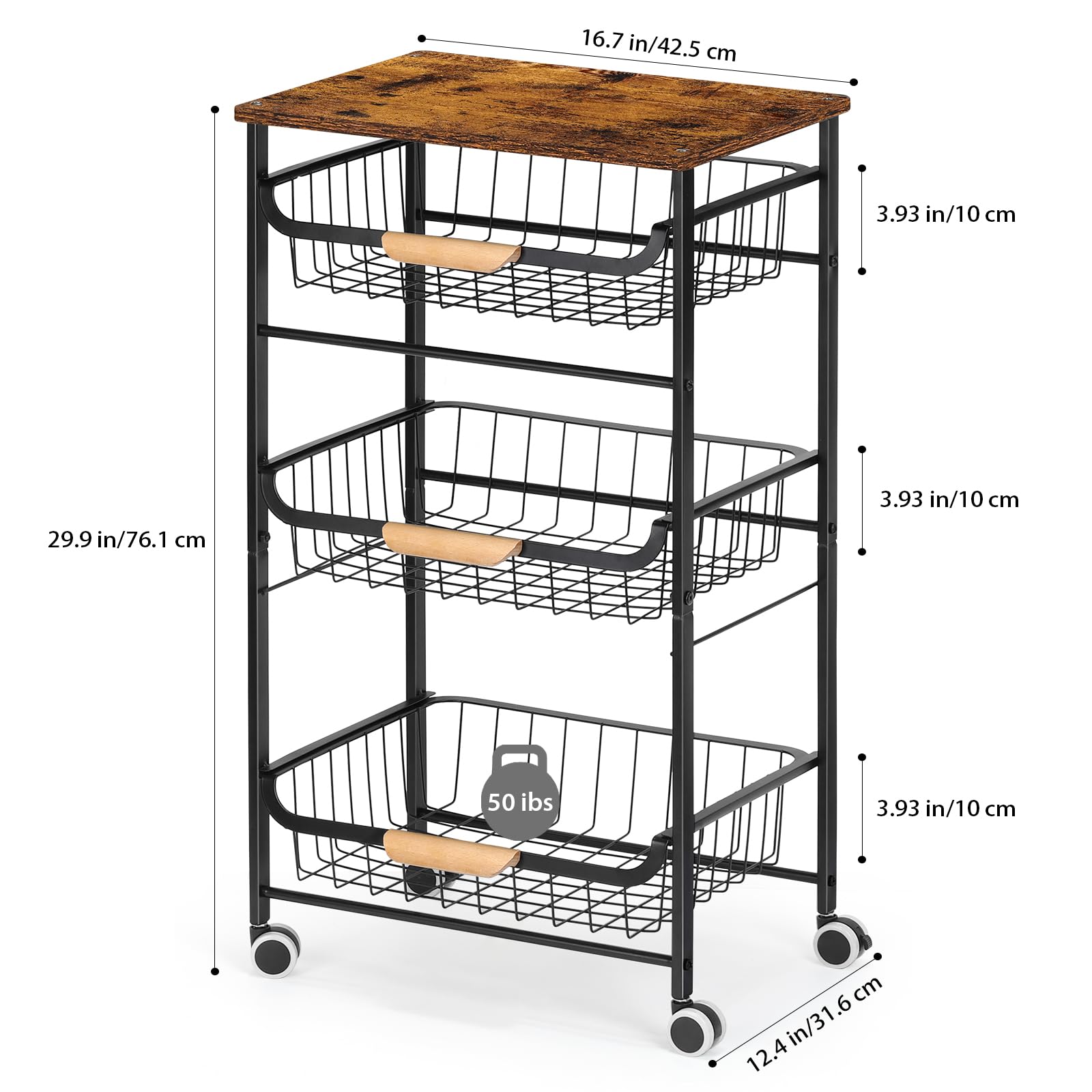 HEOMU 5 Tier Rolling Kitchen Storage Cart, Metal Microwave Stand Kitchen Island Cart on Wheels with Storage for Kitchen, Bathroom, Living Room, Bar, Office, Rustic Brown
