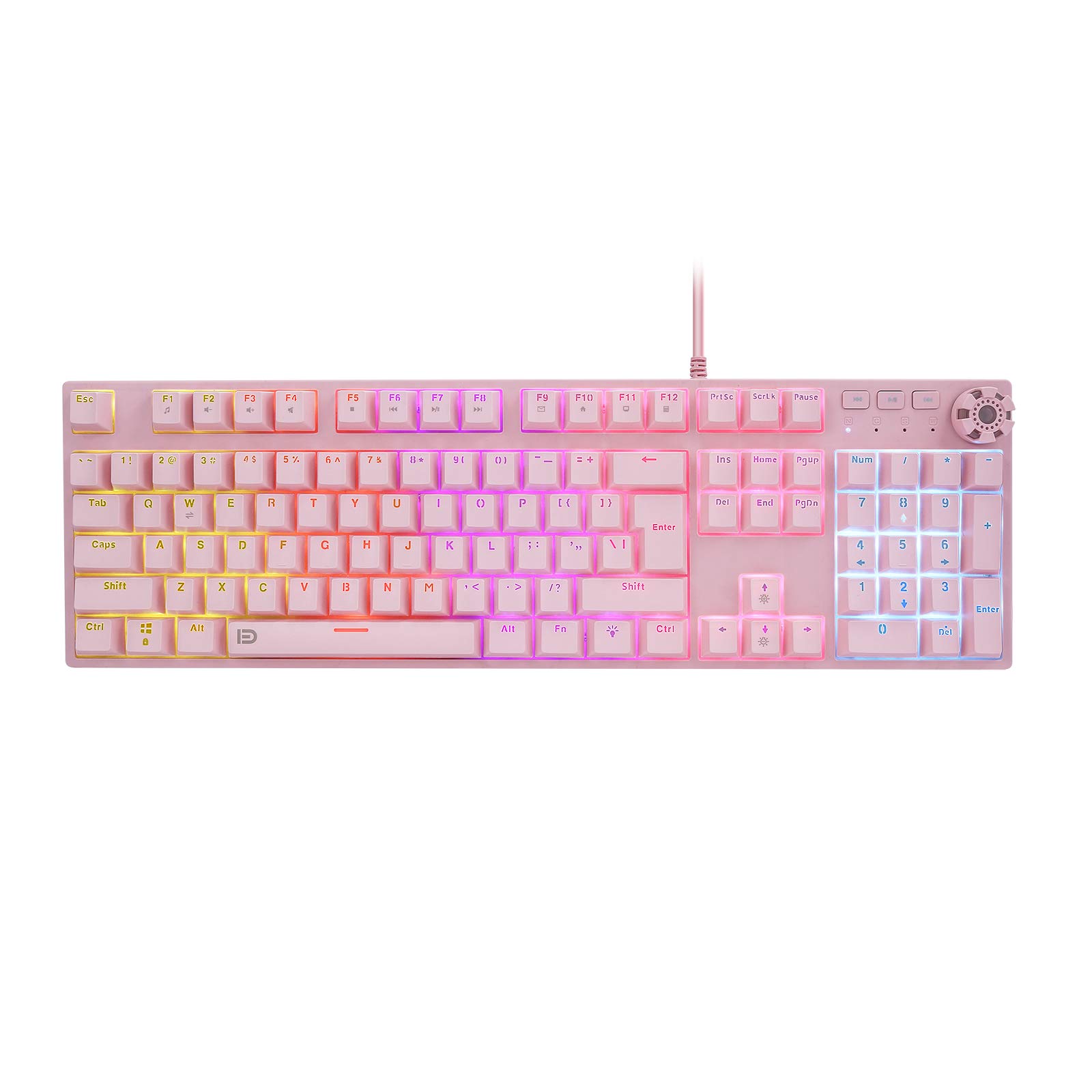 HUO JI Pink Mechanical Gaming Keyboard, USB Wired with Rainbow LED Backlit, Brown Switches, Multimedia Keys,108 Keys No Conflict