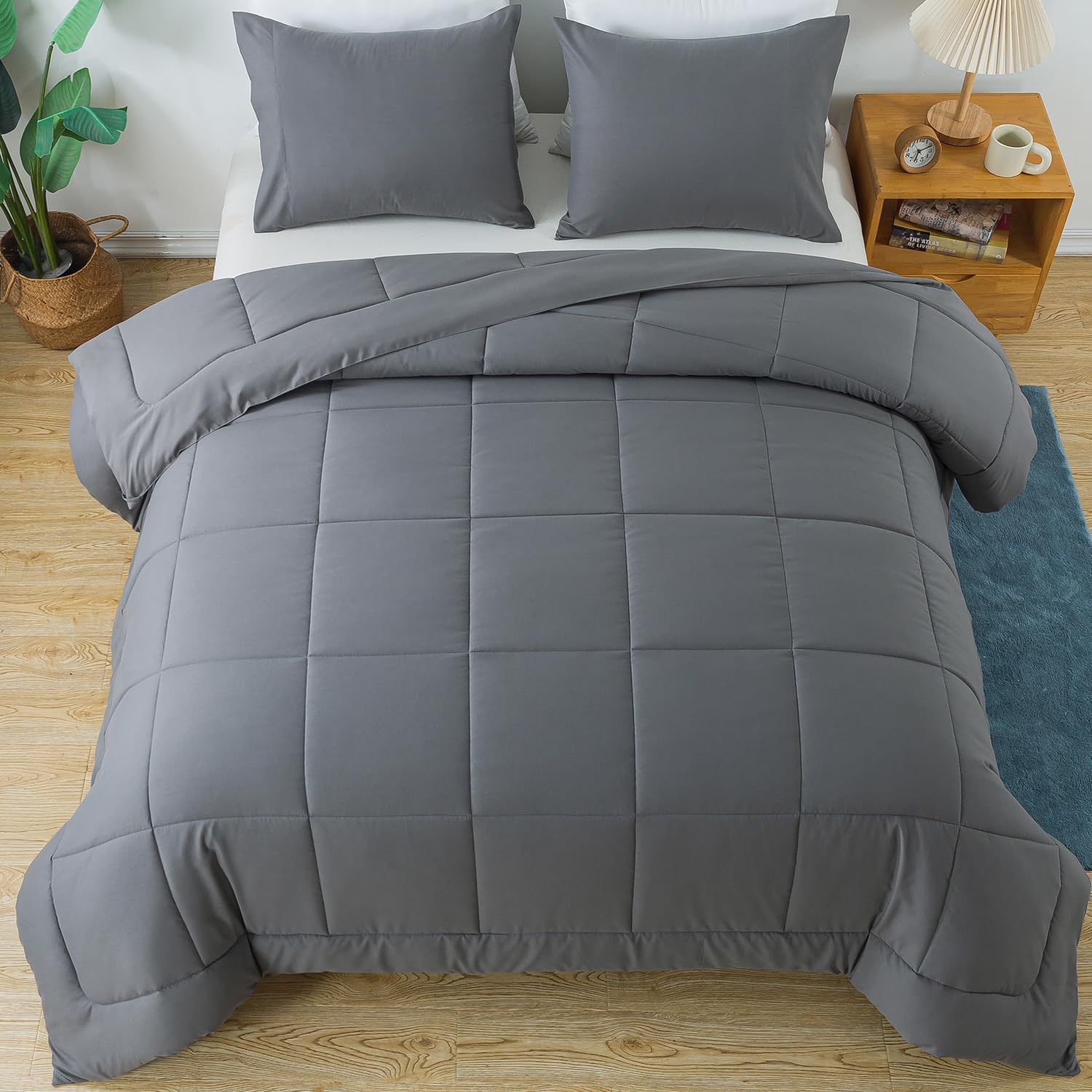 HOXXME Queen Comforter Set Grey, All Seasons Bedding Comforters & Sets with 2 Pillow Cases, 3 Pieces Lightweight Summer Duvet Insert, Down Alternative Bed Comforter Set 88"x90"