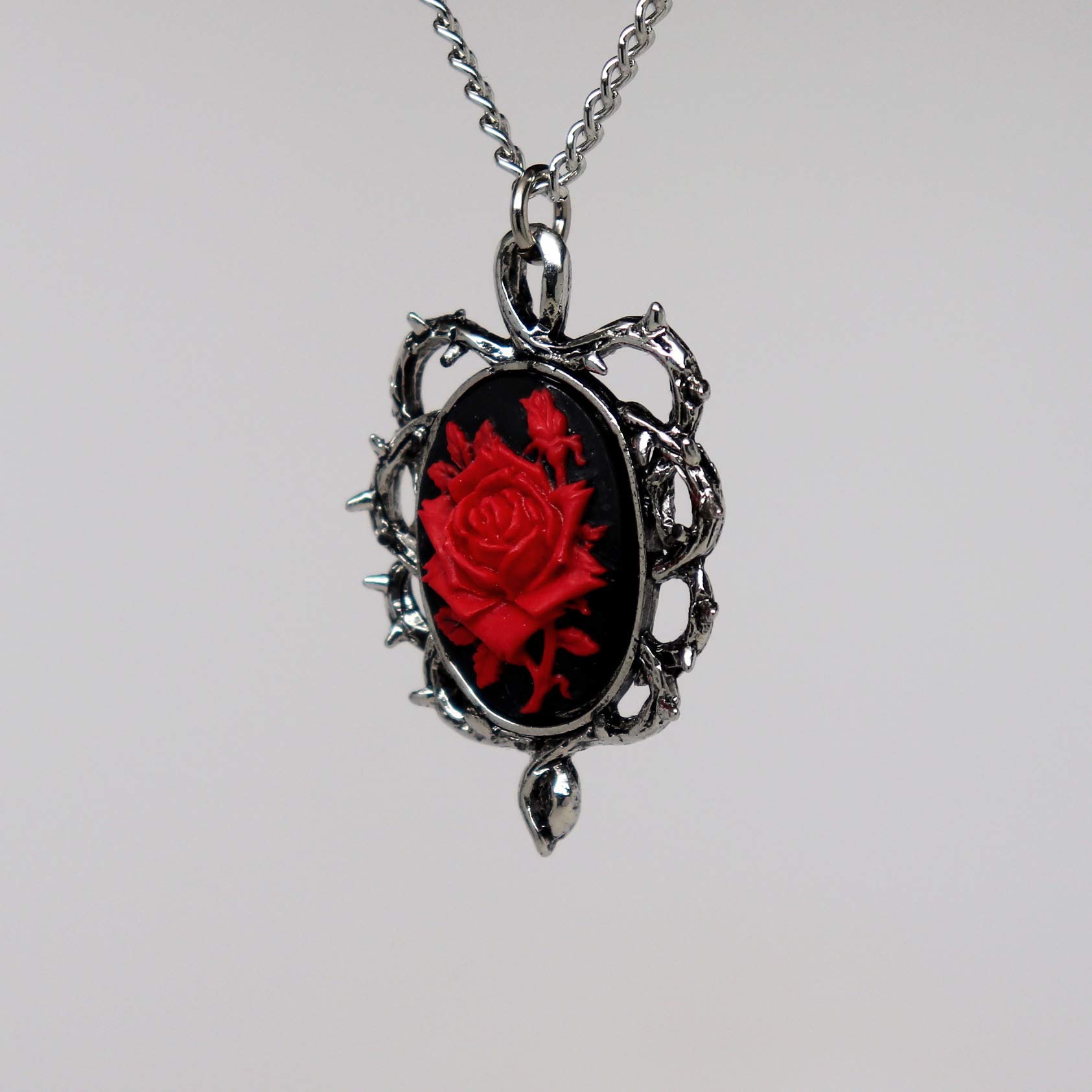 Gothic Red Rose Cameo In Thorns Pendant Necklace