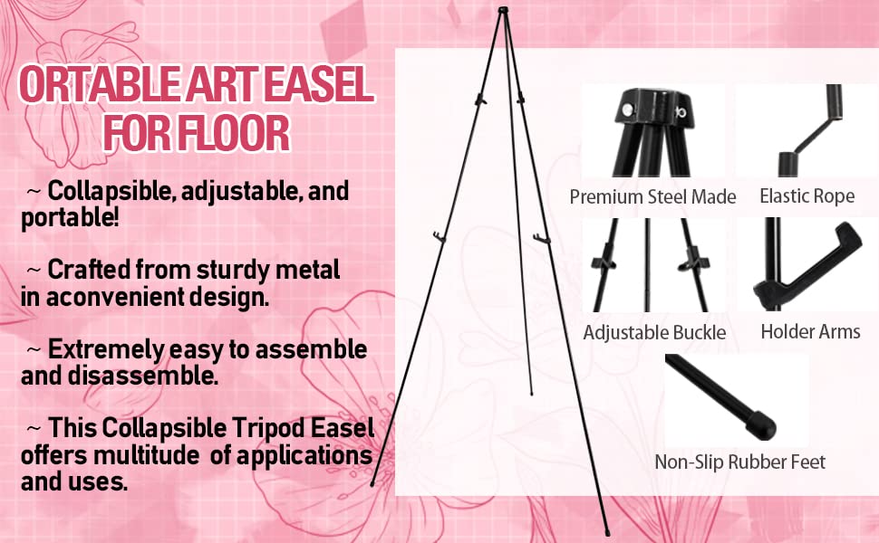 IN WHICH BAY 63" Tall Folding Easel for Display, Instant Poster Easel, Floor Standing Easel Wedding Sign Stand Black Steel Metal Telescoping Art Easel Stand (BLACK-1PACK)