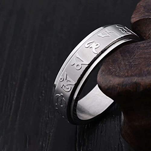 JAJAFOOK 316L Stainless Steel Tibetan Buddhist Mantra Scriptures Om Mani Padme Hum Lucky Spinner Ring，Silver 9