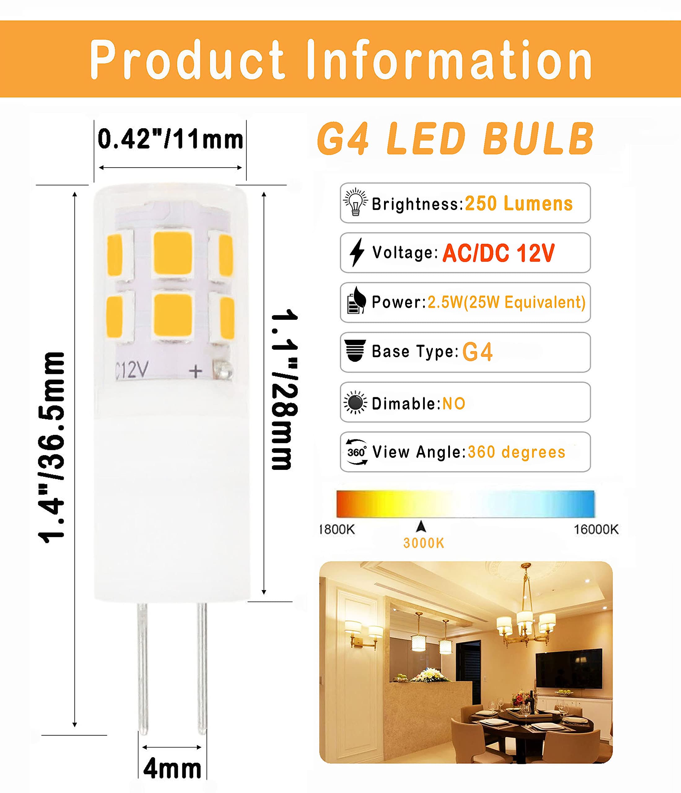 Lamsky G4 LED Bulb Bi-Pin Base AC/DC 12V G4 LED Bulb 2.5W 25W Halogen Replacement 3000K Warm White Dustproof Shockproof Not-dimmable(10-Pack)