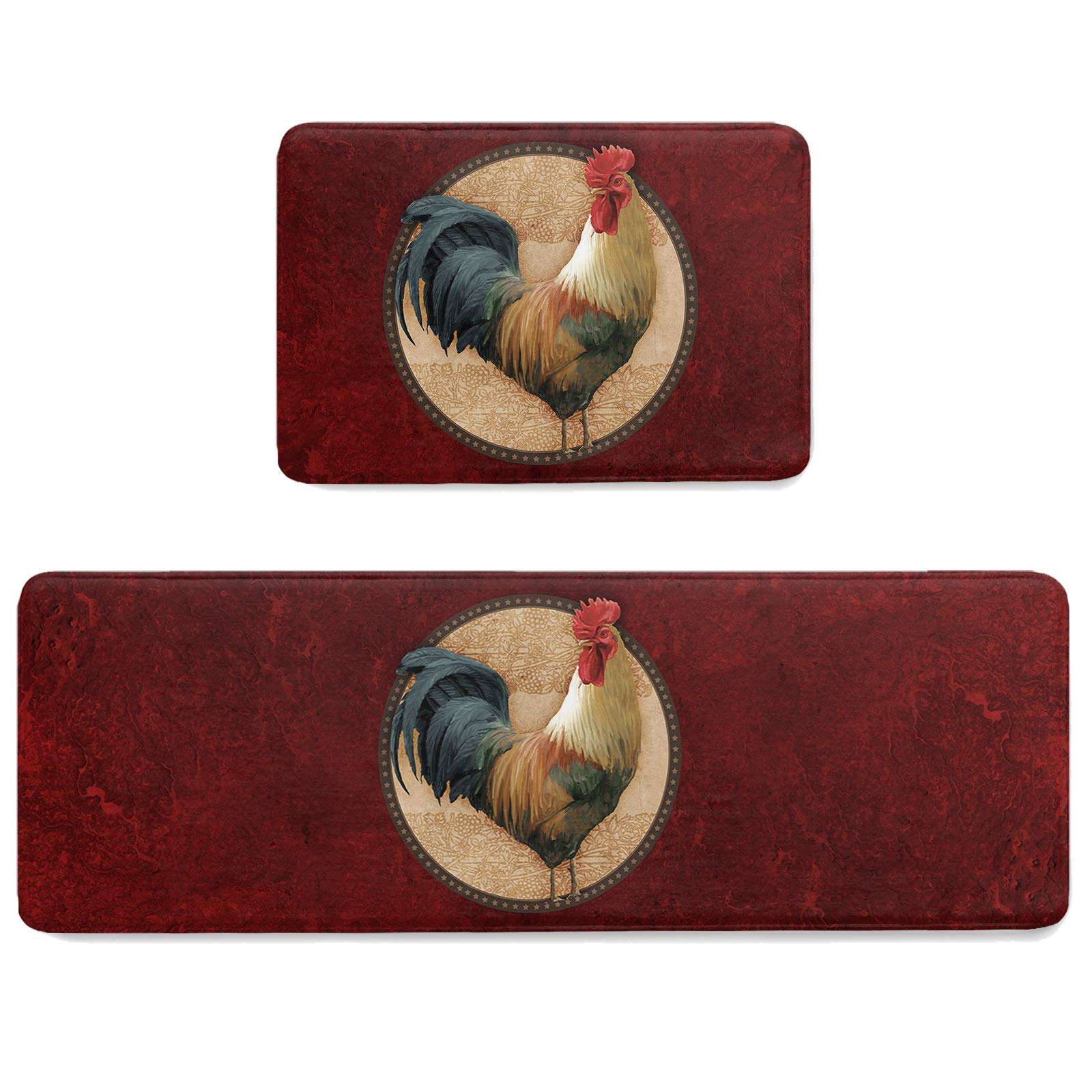 Kitchen Rugs and Mats Farm Rooster 2 Piece Comfort Standing Floor Mat Non Slip Absorbent Doormats for Laundry/Bathroom/Bedroom Decor Vintage Rural Cock Retro Marble Texture