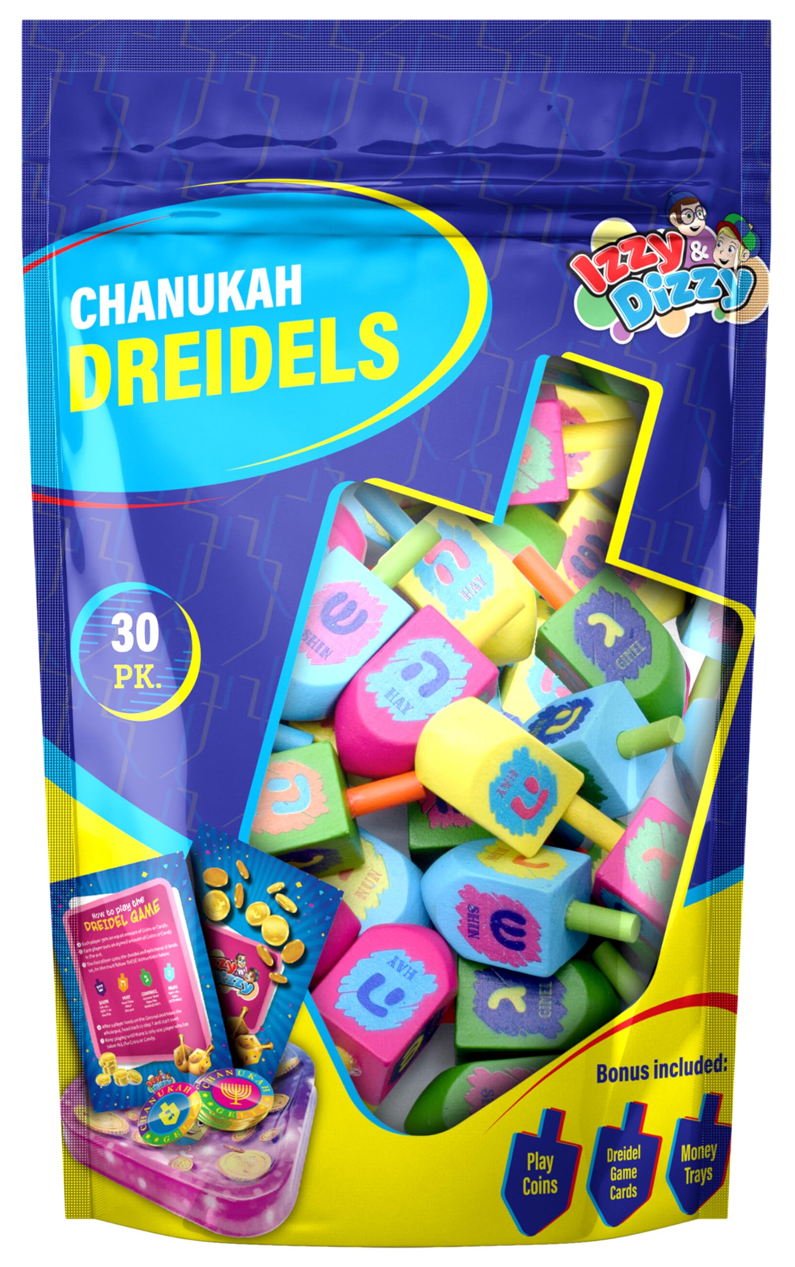 Izzy 'n' Dizzy Hanukkah Dreidels - Multi Colored Painted Wood Dreidel - 4 Pack Medium