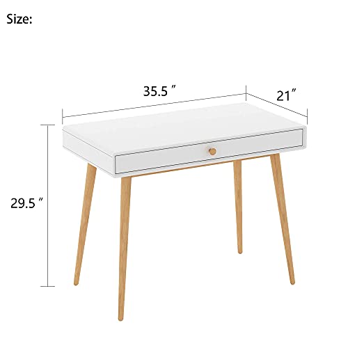 InsifoHome White Writing Desk Vanity Desk with Drawer for Bedroom, Mid-Century Modern Home Office Desk Computer Desk