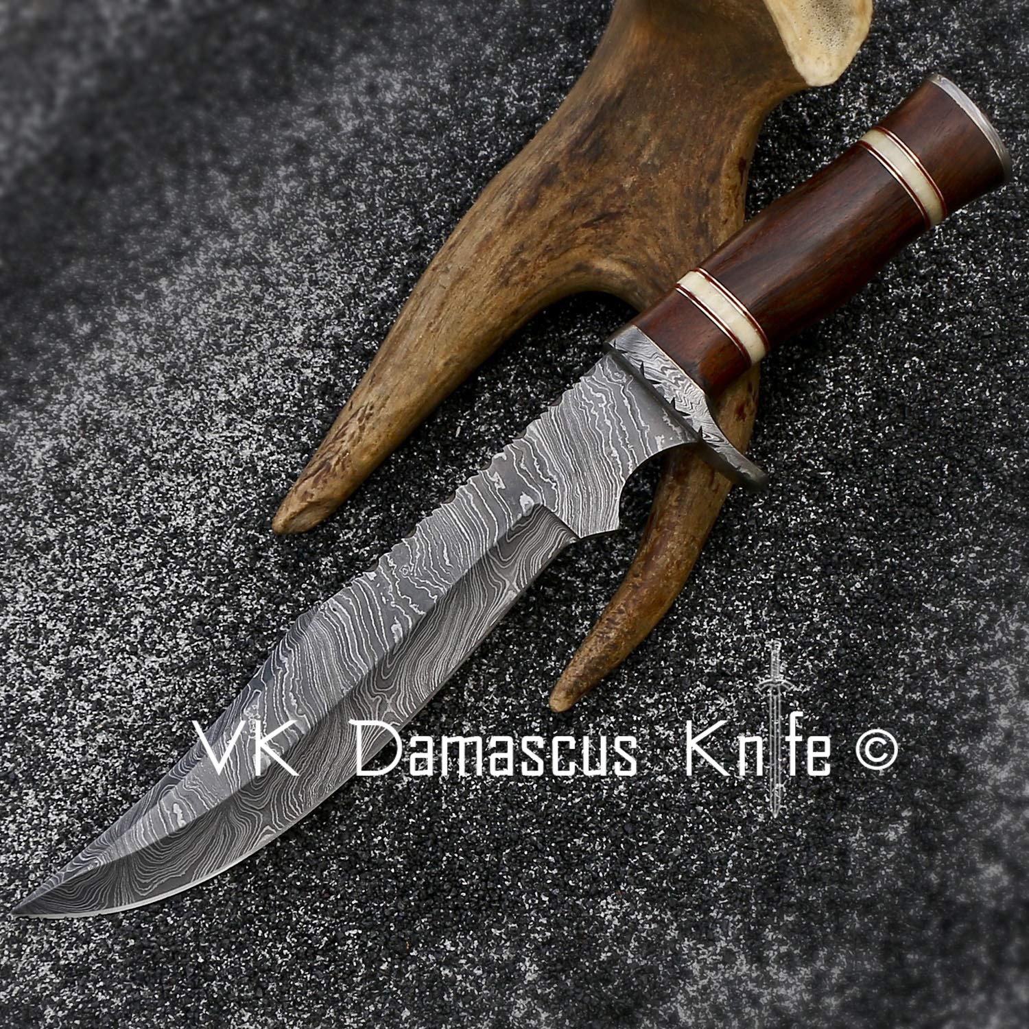 JNR Traders Damascus Steel Fixed Blade Hunting Knife with Leather Sheath -3083