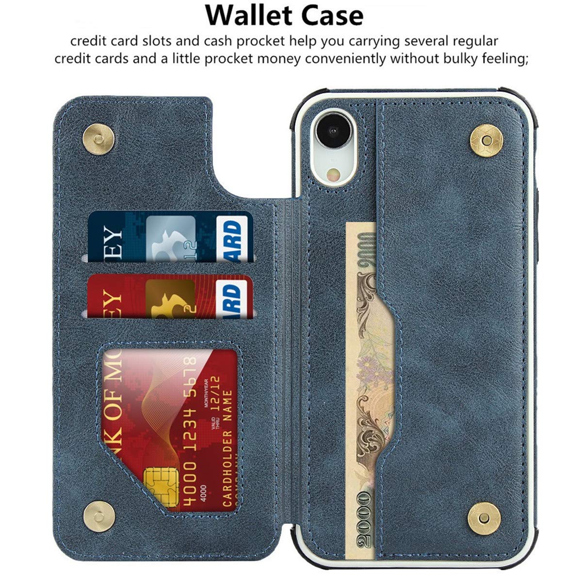 iCoverCase iPhone XR Wallet Case, iPhone XR Case with Card Slots Holder and Wrist Strap PU Leather Kickstand Double Magnetic Clasp Shockproof Cover Case for iPhone XR 6.1 Inch (Blue)