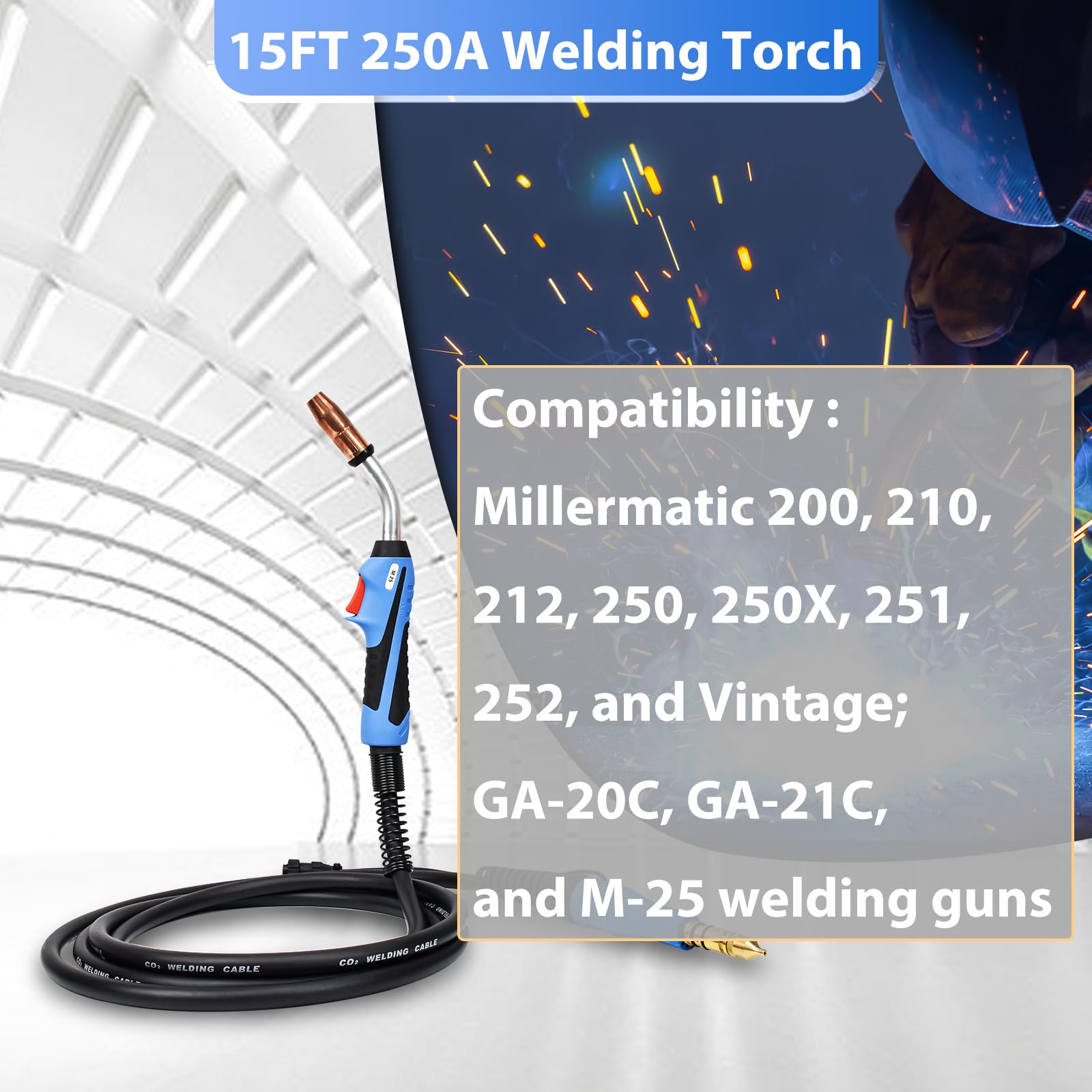 iMeshbean® 250A MIG Welding Gun Torch Stinger Replacement for the Miller M25 Millermatic & Hobart H-10 (195957), H100S2-10 (245924) Welder Parts (169598 15 FT)