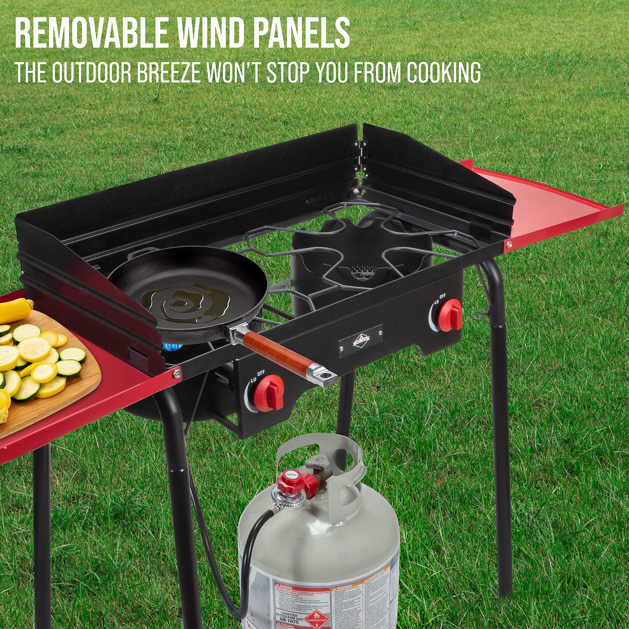 Hike Crew Cast Iron Double-Burner Outdoor Gas Stove | 150,000 BTU Portable Propane-Powered Cooktop with Removable Legs, Temperature Control Knobs, Wind Panels, Hose, Regulator & Storage Carry Case
