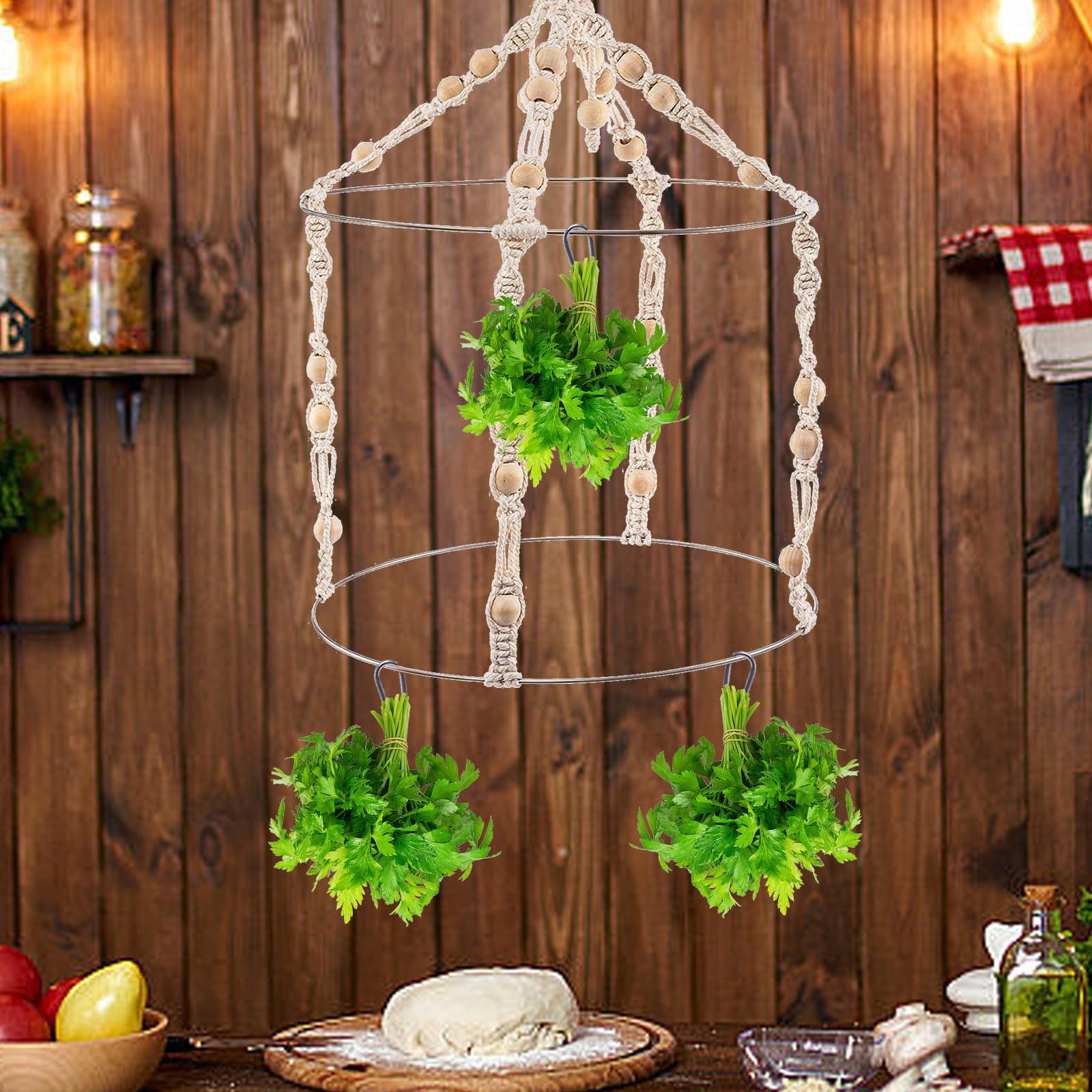 ZUDKSUY Double Hanging Drying Rack with 15 Hooks Hand-Woven Hanging Vegetable Drying Rack, Air-Dried Vegetable and Dried Fruit Rack for Air-Dried Plants, Spices and Flowers