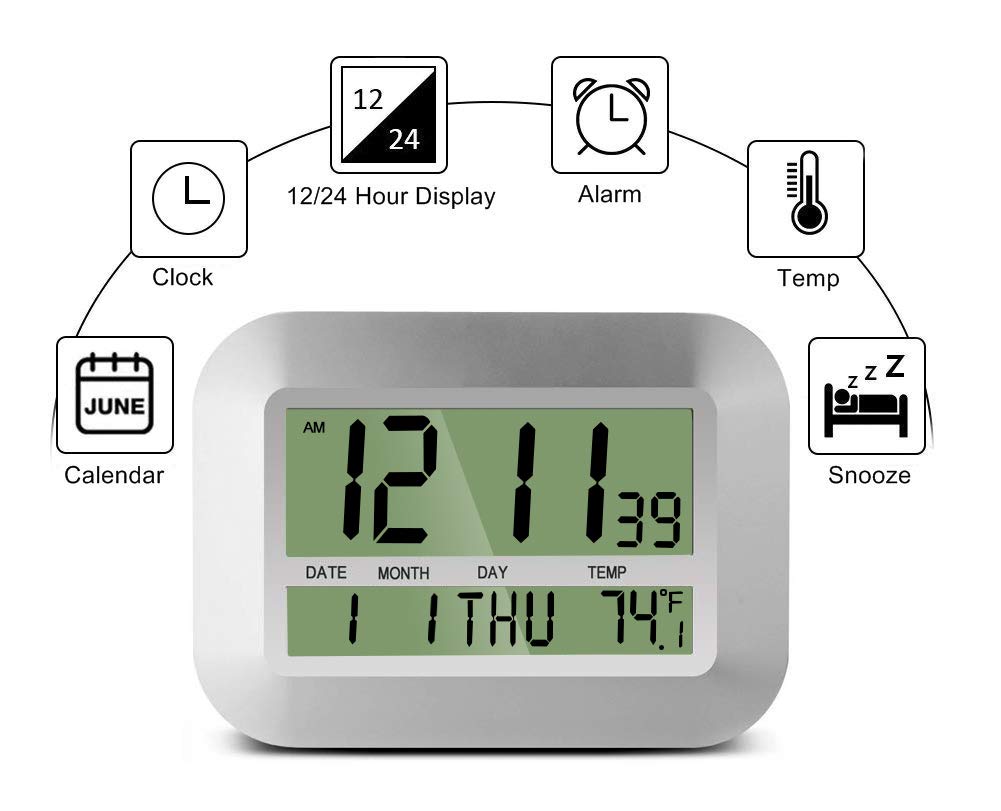 HeQiao Silent Desk Clocks Digital Wall Clock Simple Large LCD Alarm Clock with Temperature Calendar for Home Office (Ivory White)