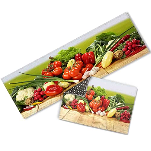 Kitchen Rugs Washable,Fruits Vegetables,Non Skid Anti-Fatigue Floor Mats for Sink,2 Pcs Set (59"X16"+ 29"X16")
