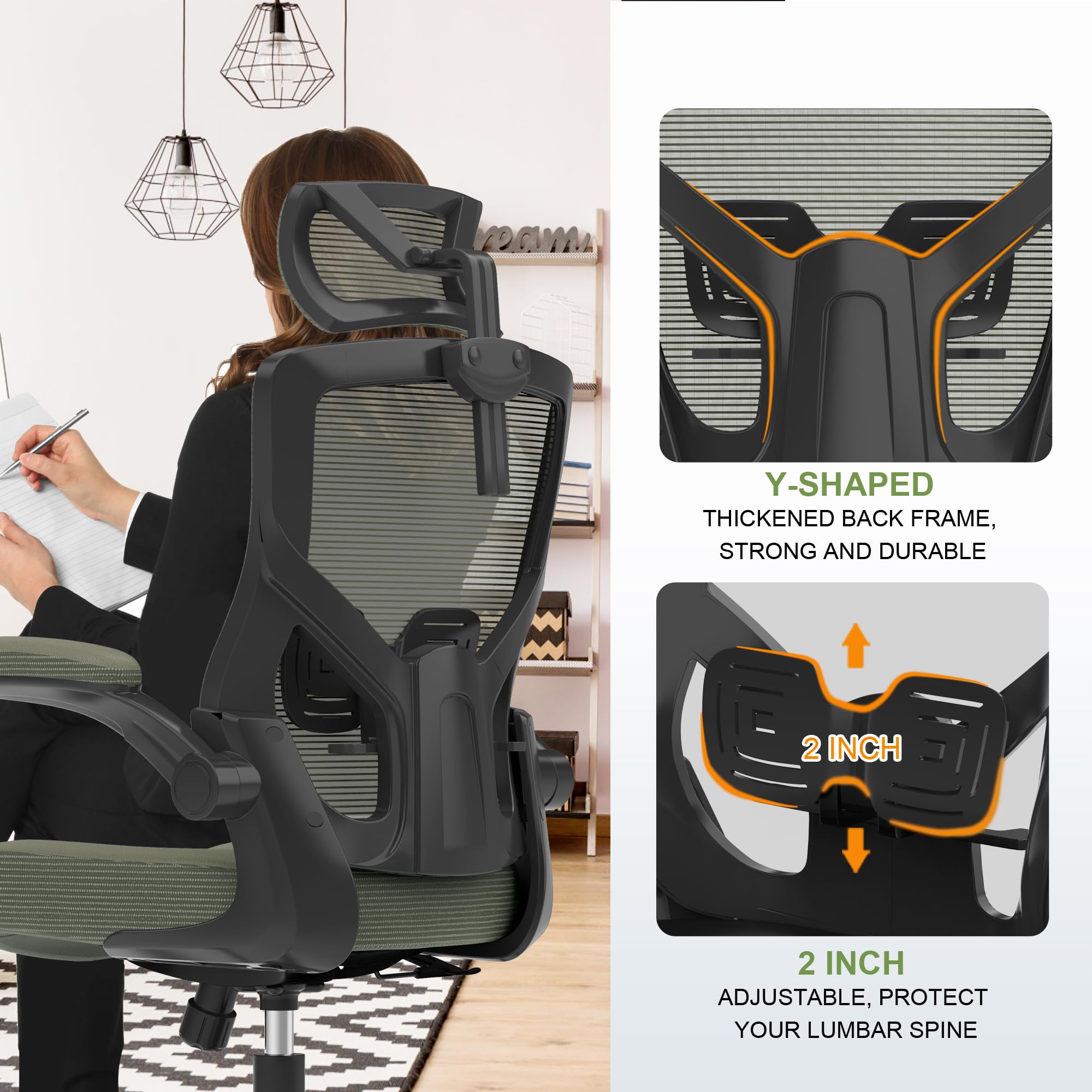 π―πΆπ΄π¬ πΆπππ°πͺπ¬ πͺπ―π¨π°πΉ, Ergonomic Mesh Desk Chair, High Back Computer Chair- Adjustable Headrest with Flip-Up Arms, Lumbar Support, Swivel Executive Task Chair (Hunter Green, Modern)
