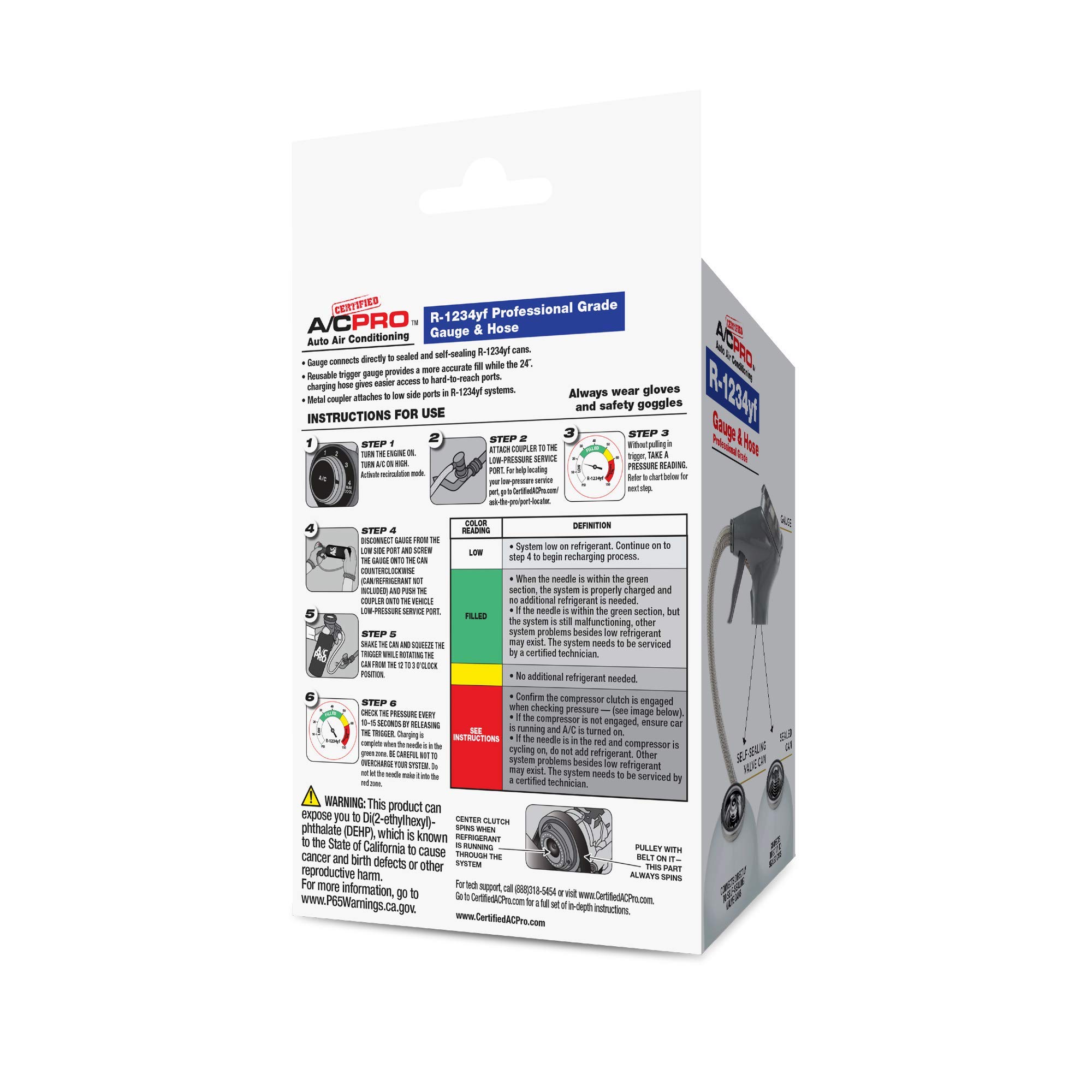 InterDynamics Certified AC Pro Car Air Conditioner R1234YF Refrigerant Gauge and Hose, Reusable AC Recharge Kit, 72 in
