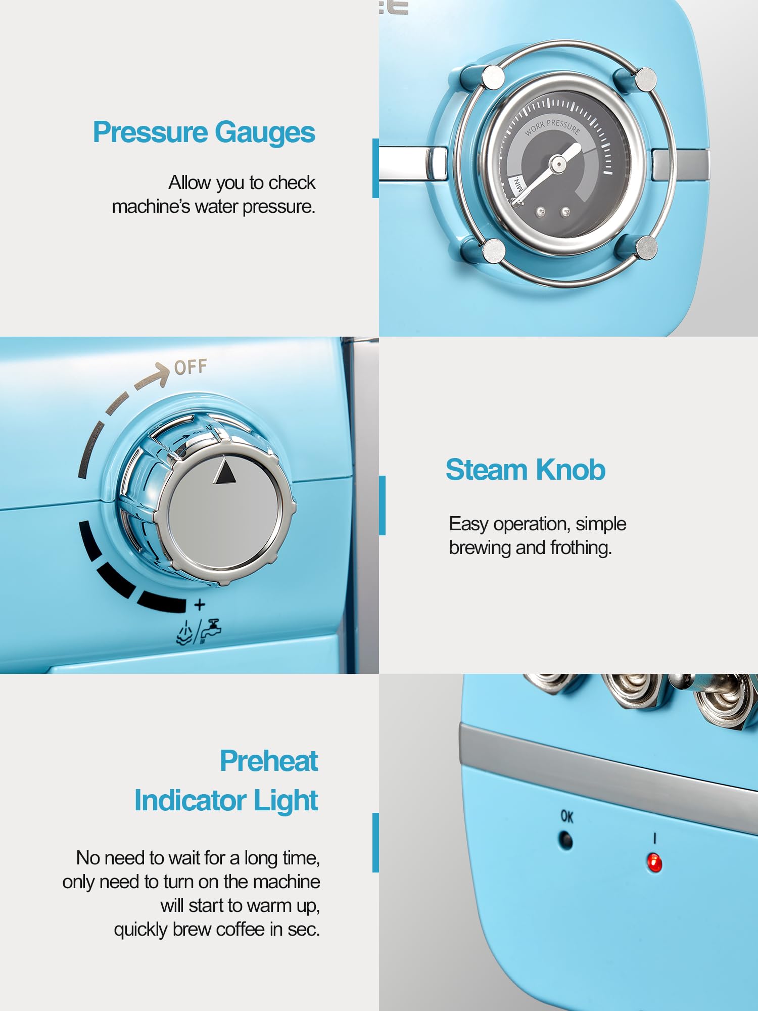 Ihomekee Espresso Machine, Retro Style Espresso Coffee Maker with Fast Heating Automatic, Latte & Cappuccino Maker with Milk Frother Steam Wand, Pressure Gage, Aqua - CM6885A (Retro Style Aqua)