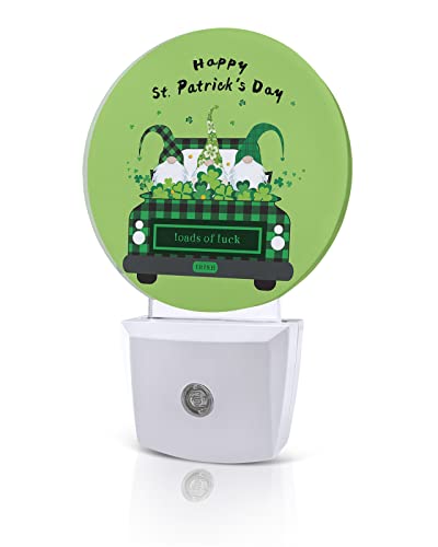 St.Patrick Day Gnomes Truck Night Lights Plug into Wall, Buffalo Plaid Green Shamrocks Auto Round LED Lights with Dusk to Dawn Sensor for Bedroom, Bathroom, Hallway, Kitchen, Kids, Home Decor