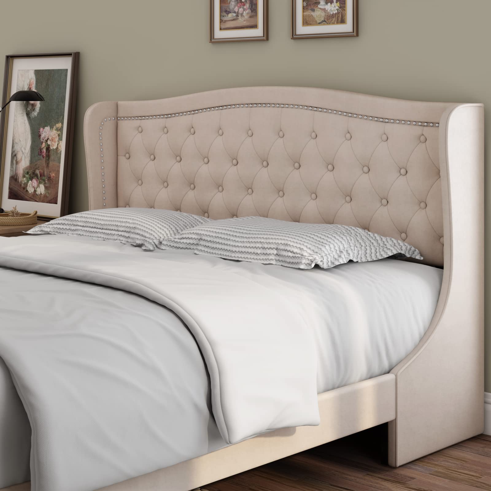 HOSTACK Full Size Bed Frame, Modern Upholstered Platform Bed with Wingback Headboard, Heavy Duty Button Tufted Bed Frame with Wood Slat Support, Easy Assembly, No Box Spring Needed(Black, Full)