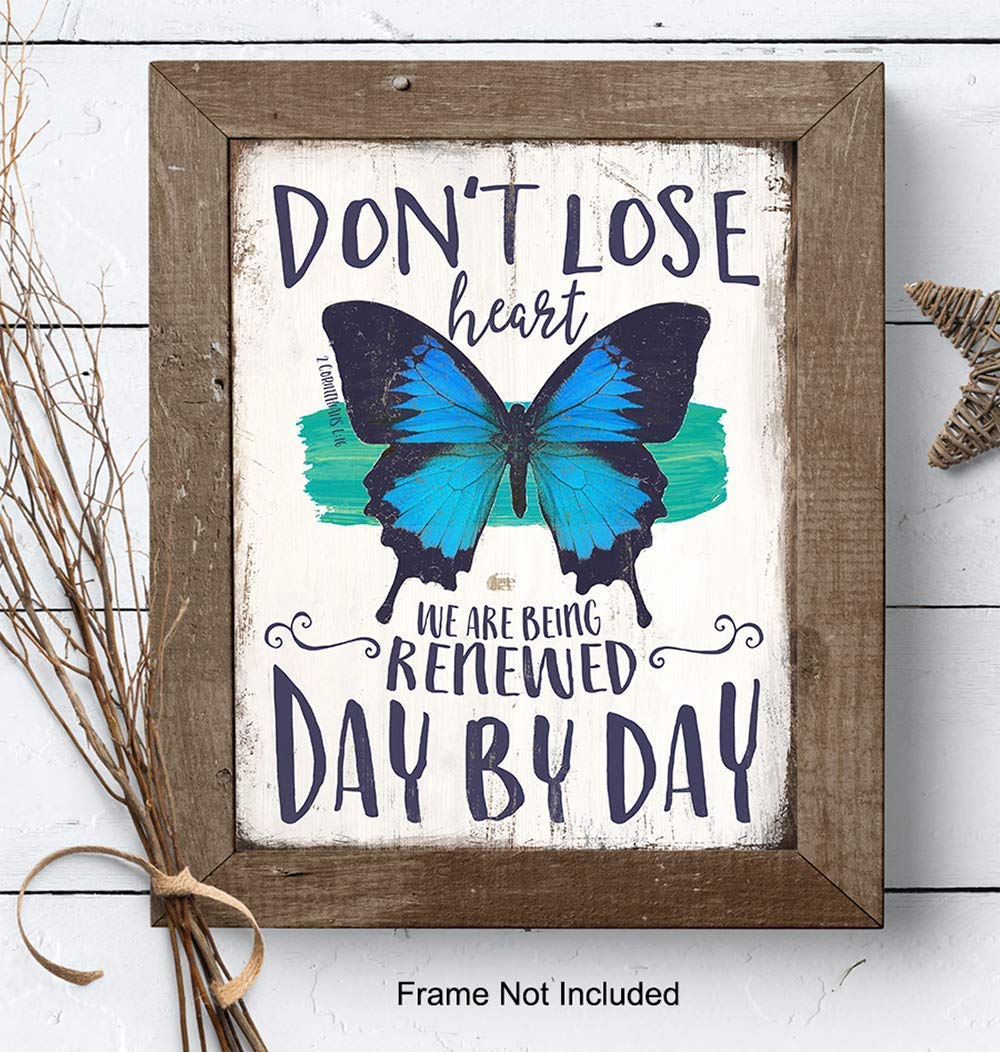 Inspirational Butterfly Picture - Christian Bible Verse Wall Art - Religious Scripture Wall Decor - Blue Rustic Boho Gift for Women - Motivational Home or Apartment Decoration for Bedroom, Living Room