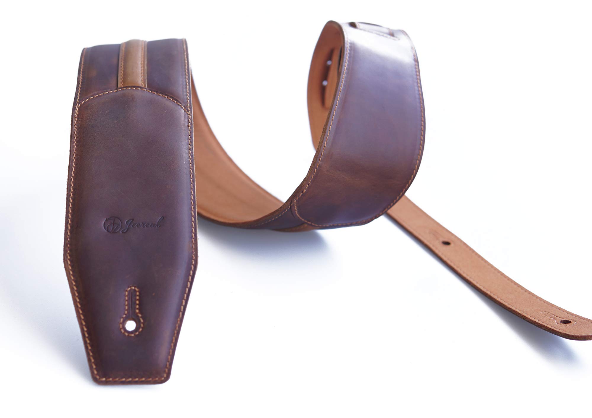 Jeereal Full Grain Genuine Padded Soft Leather Guitar Strap (3.0inches Width) for Electric, Acoustic, and Bass Guitars (Red Brown)