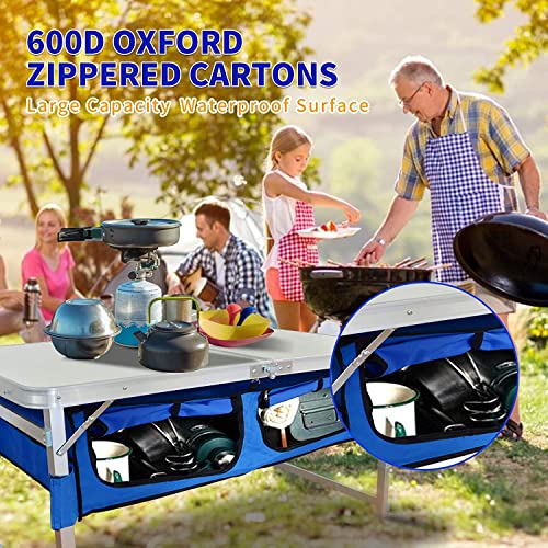 JooMoo Folding Camping Table with Storage - Portable Outdoor Aluminum Picnic Tables with Organizer and 2 Chairs, 3 Adjustable Heights, Lightweight Dining Table for Camp Beach Party BBQ