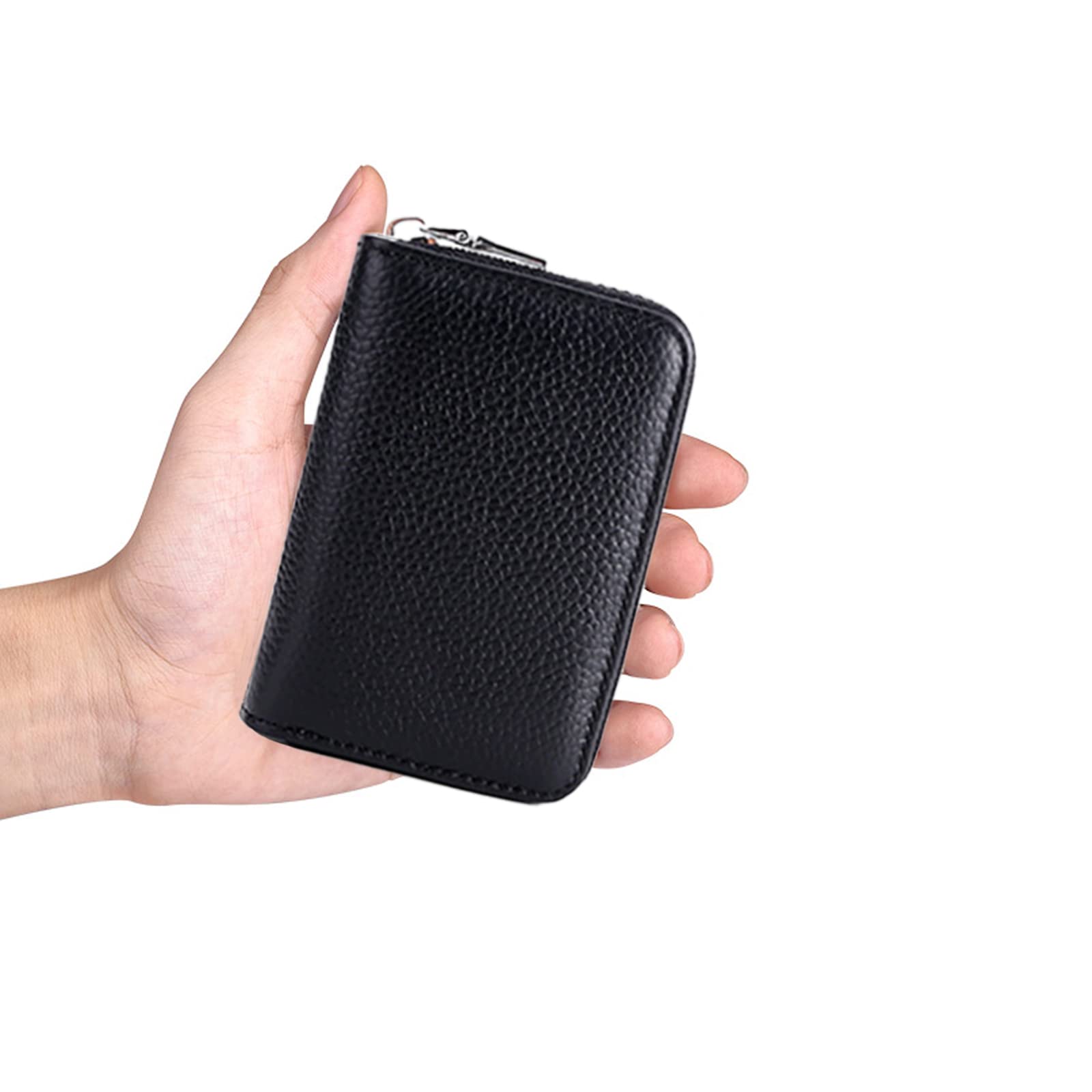 LOKNGXU Small Credit Card Wallet Portable Leather RFID Blocking Compact Zipper Credit Card Holder Wallet for Women and Men (Black)