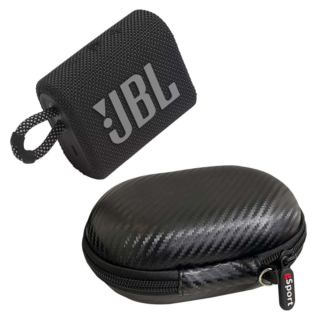 JBL GO 3 Waterproof Ultra Portable Bluetooth Speaker Bundle with gSport Carbon Fiber Case (Black)