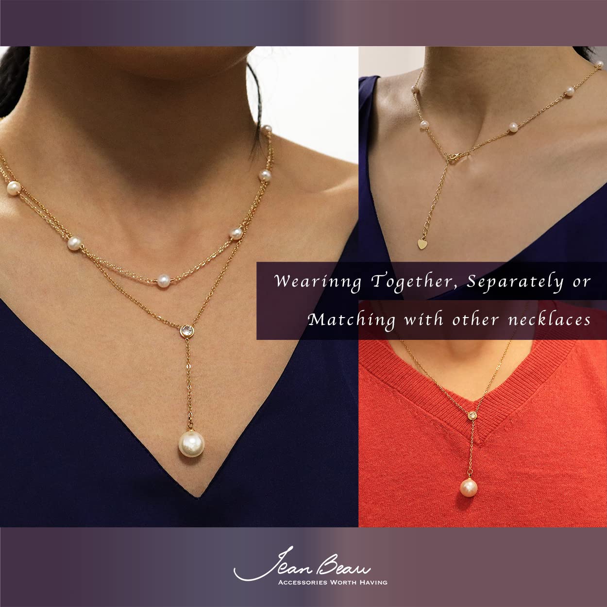 Jean Beau 2PCS Gold Pearl Drop Cubic Zirconia Y Necklace for Women and Tiny Dainty Pearls Station Strand Gold Layering Statement Choker