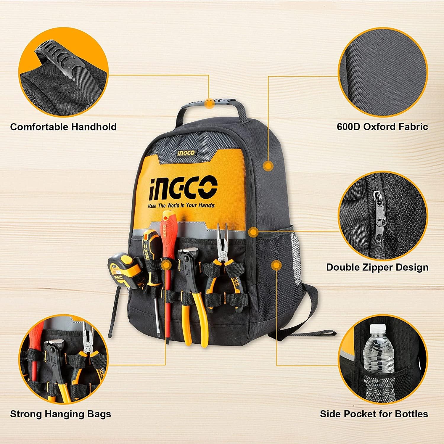 INGCO Tool Backpack,Tool Bag with Laptop Compartment, Professional Multifunctional Tool Bag Molded Base HBP0101