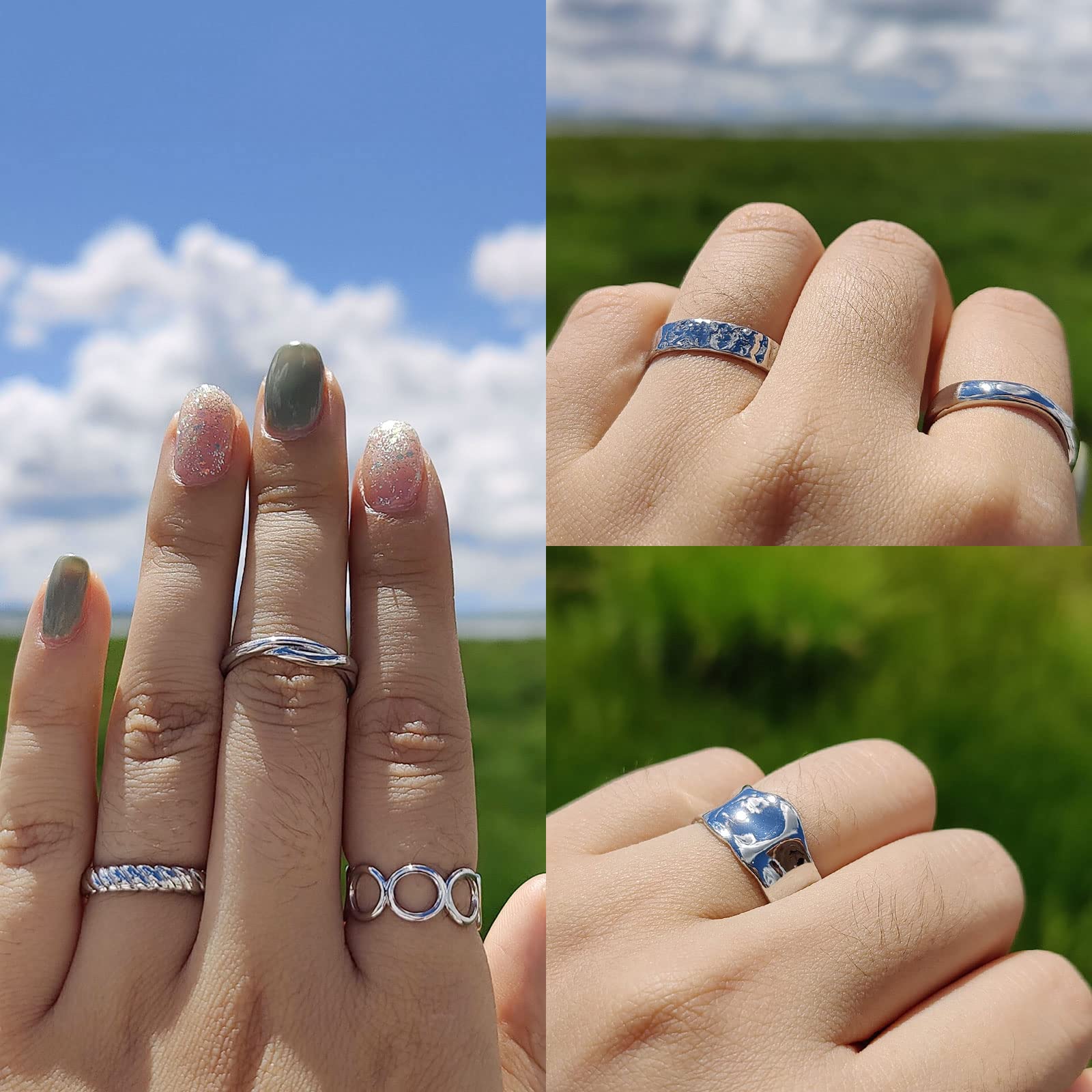 Landorilo 7PCS 18K White Gold Plated Rings Set Chunky Twisted Round Adjustable Open Rings Stackable Silver Rings for Women