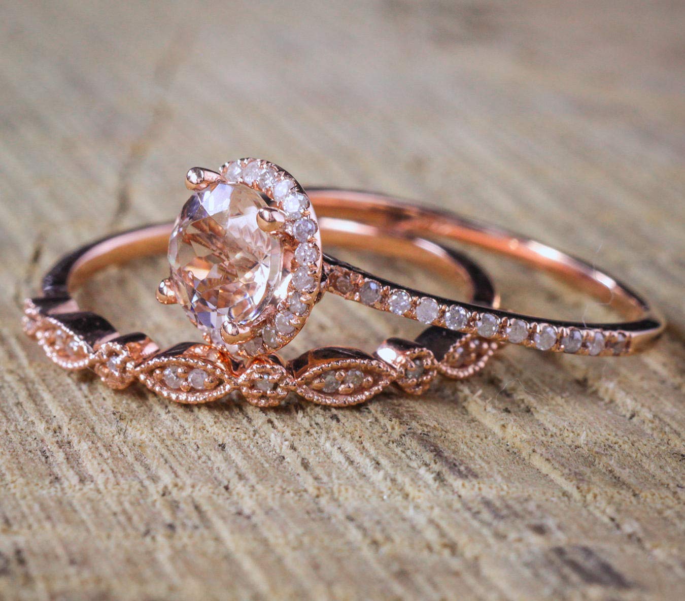 Koguxuix 18K Rose Gold Ring Set Pink Elegant Morganite CZ Crystal Gemstone Wedding Bridal Ring Set (9)