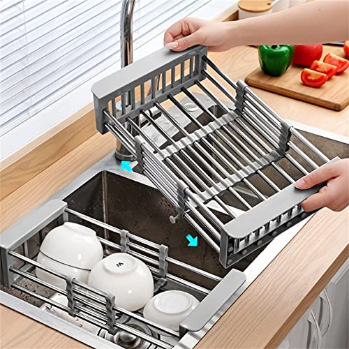 Stainless Steel Telescopic Drain Basket, Adjustable Dish Drying Rack Sink Strainer Drain Kitchen Basket for Dish Vegetable Fruit(8.66x11.41x3.14in)