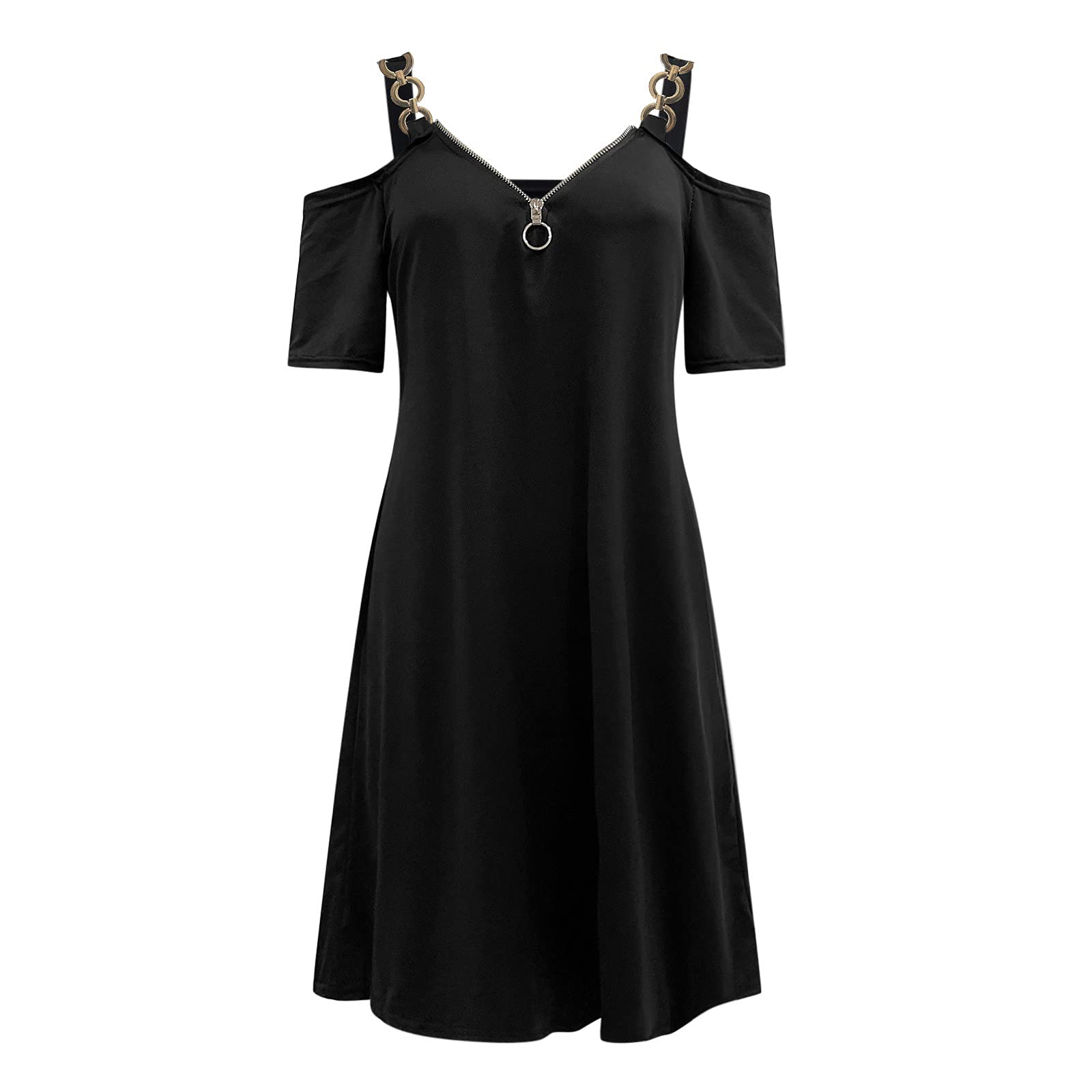 Keepfit Mini Dress for Women Short Sleeve Cold Shoulder Summer Dress Hoop Splicing Straps A-Line Pleated Dress Black