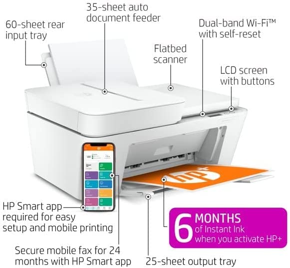 HP DeskJet 4152e Wireless Inkjet Color All-in-One Printer, Print Copy Scan, Instant Ink Ready, 35 Sheet ADF, WiFi USB Connectivity, White, W/Valinor Printer Cable