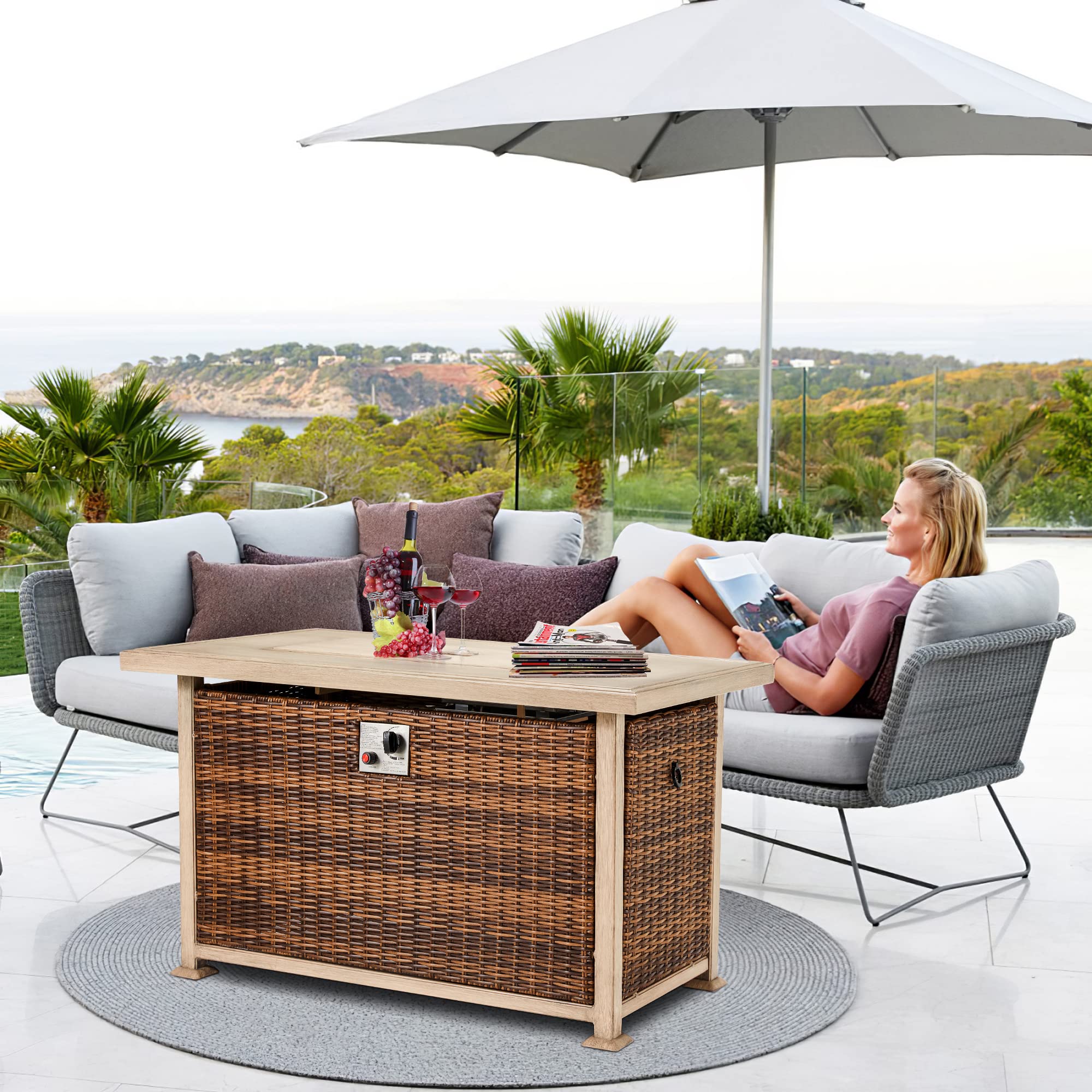 GYUTEI Outdoor Propane Gas Fire Pit Table,50in 50,000 BTU Auto-Ignition Gas Fire Table w/CSA Certification(Excluding Glass Wind Guard),Aluminum Firepit for Garden Patio(Grey)