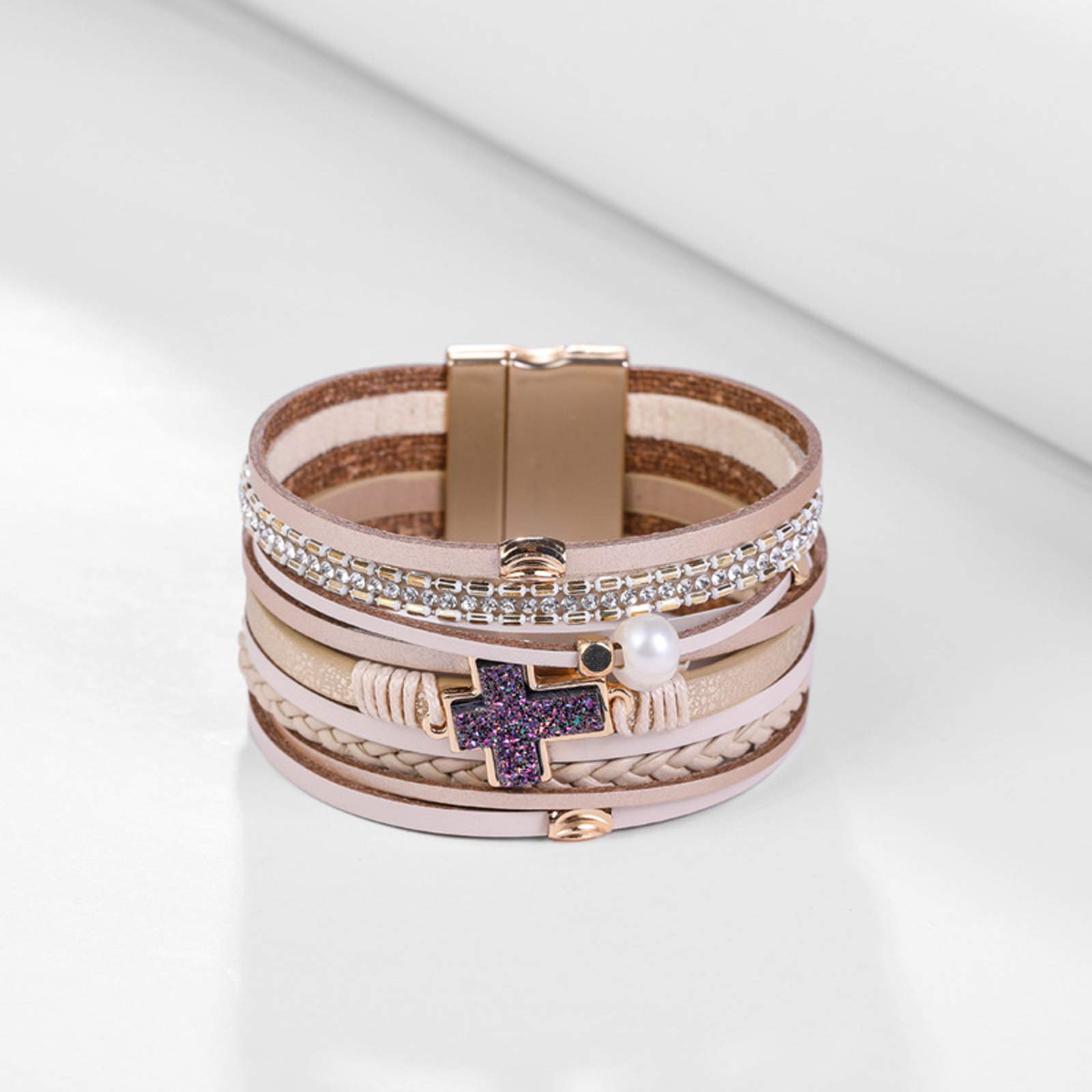 Hutou Leather Wrap Bracelet Boho Cuff Bracelets for Women Crystals Cross Bracelet Jewelry Gifts for Her Beige