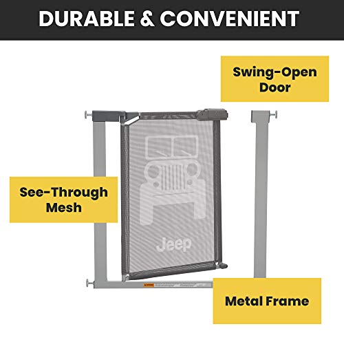 Jeep Adjustable Baby and Pet Safety Gate by Delta Children | Easy Fit | Pressure Mount | Design with WalkThrough Door โ Fits Openings Between 28.5-40 Inches Wide, Grey