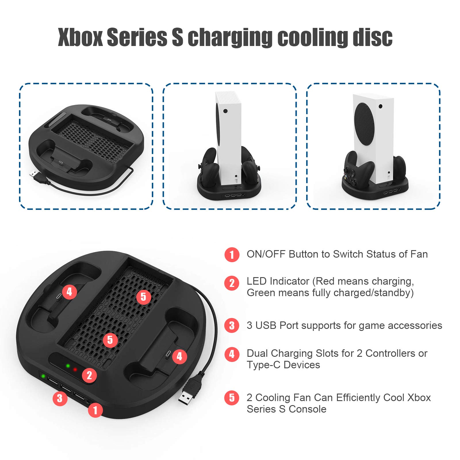 ICQUANZX Vertical Stand for Xbox Series S with Cooling Fan Xbox Series S Stand Controller Charge Station with Dual Controllers EXT Port Charger Dock and 3 USB HUB