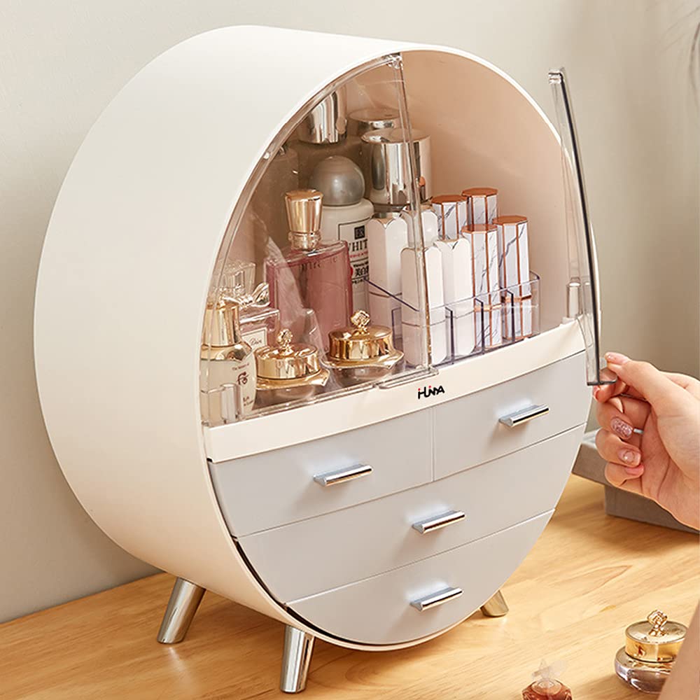 Ihuiniya STORi Makeup Storage Organizer Box，Cosmetics storage display rack with drawer，Waterproof, dustproof, elegant display cabinet，Suitable for bathroom countertop, bedroom dresser (Large Gray)