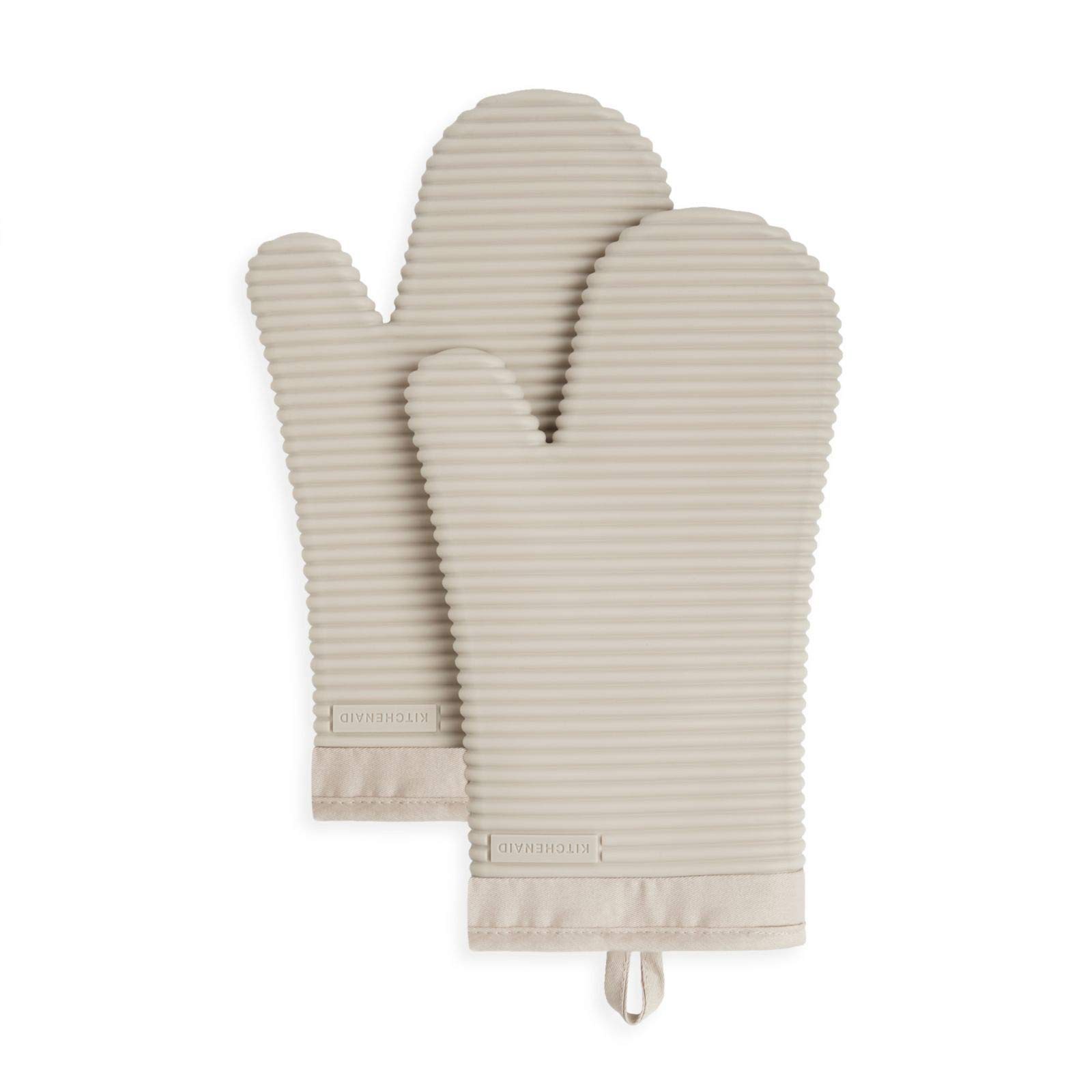 KitchenAid Ribbed Soft Silicone Oven Mitt Set, 7"x13", Milkshake 2 Count & Beacon Two-Tone Non-Slip Mini Oven Mitt Set, Milkshake/Beige, 5.5"x8", 2 Piece