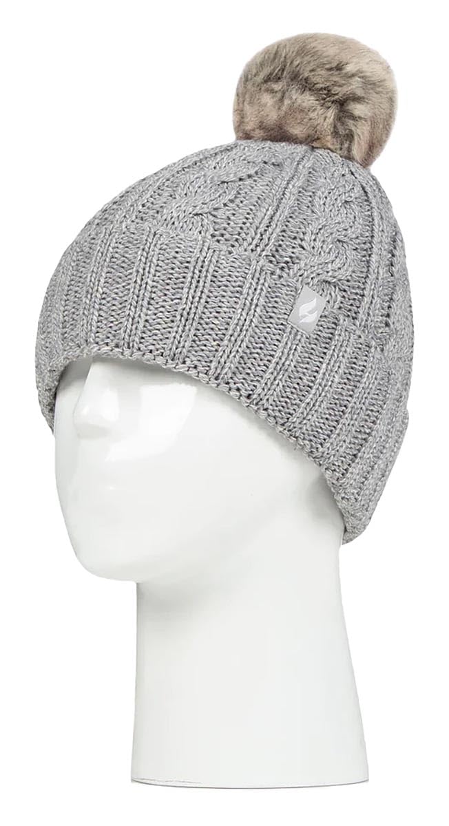 Heat Holders - Womens Thick Knit Thermal Winter Warm Beanie Hat with Pom Pom (One Size, Light Grey)