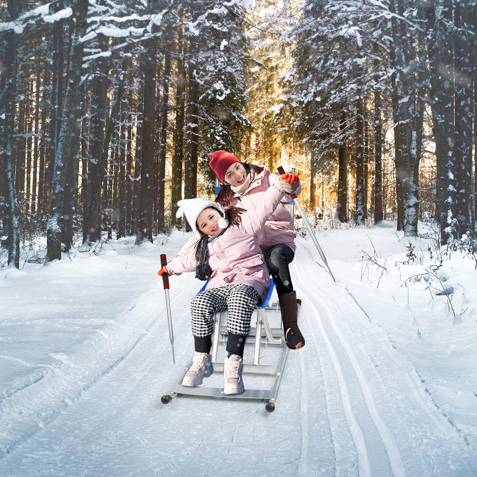 JELLYRATTBIT Snow Sled with Backrest and Seat Ski Sled Snow Racer for Skating and Skiing, Holds 2 Children or Adults, Silver