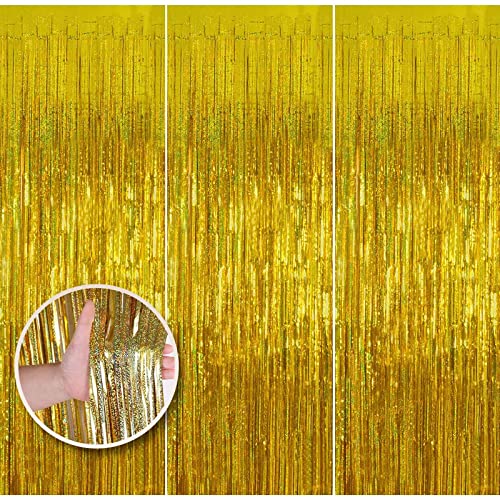 WOPARTY Fringe Curtains Gold,4 Pack 3.3x6.6 ft Foil Tinsel Curtains for Birthday Wedding Party Photo Backdrop