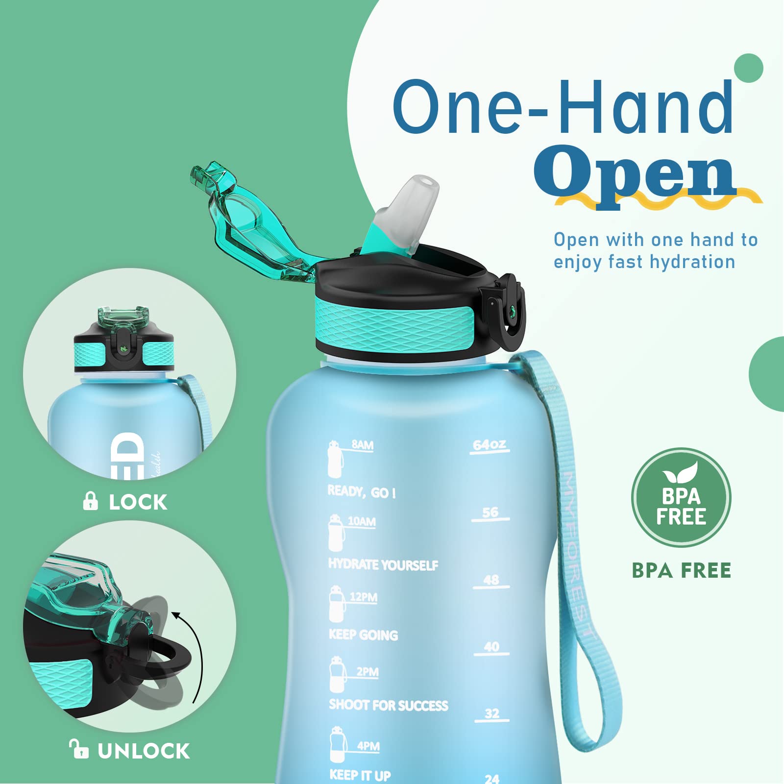 MYFOREST 64oz Water Bottle, Time Marker for Motivational Hydration, Drop-proof, BPA-free, Nozzle/Straw/Carry-Strap/Wide-Mouth for Easy Clean - 1900mL Large Sports Jug
