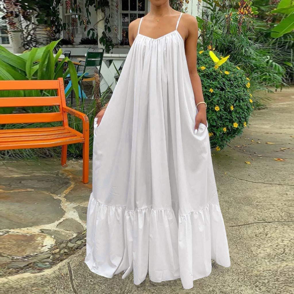 Keepfit Women Maxi Dress Trendy Spaghetti Straps Sling Dress Summer Ruffle Backless Solid Swing Dress White