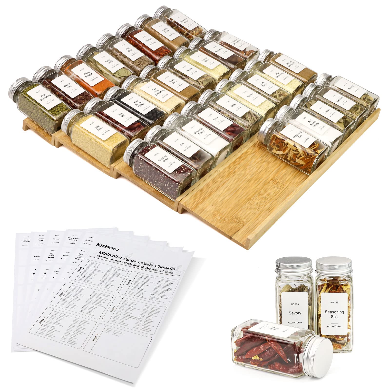 KitHero Spice Drawer Organizer with 35 Spice Jars,216 Labels,50 Non-slip Rubber, Bamboo 4 Tier Seasoning Rack Tray Insert for Kitchen Drawers,Cabinets,Countertop,16.14" Wide x 15.8" Deep