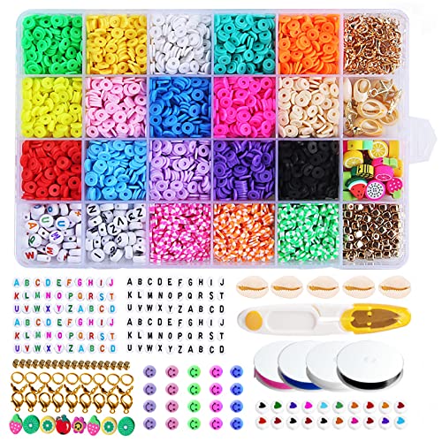 LanM Epoch 4020 Pcs Clay Beads,18 Colors Flat Clay Beads Kit with 100 Alphabet Beads,20 Smiley Beads,20 Loving Beads and 4 Roll Elastic Strings for DIY Jewelry Making Earring Bracelets Necklace (6mm)