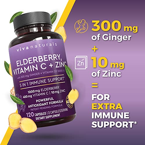 Viva Naturals Sambucus Elderberry with Zinc and Vitamin C for Adults, Vitamin D3 5000 IU and Ginger - Immune Support Supplement, 2 Months’ Supply - Black Dried Elderberry Capsules for Adults